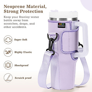 Nuovoware Water Bottle Carrier Bag Fits Stanley 40 Oz Tumbler with Handle, Water Bottle Bag with Adjustable Shoulder Strap, Neoprene Water Bottle Holder for Stanley Water Bottle Accessories, Purple