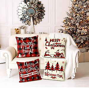 Christmas Decorations, Christmas Decor Christmas Pillow Covers 20x20 Set of 4 Red Black Buffalo Check Plaid Christmas Decorations Clearance Indoor Outdoor Xmas Throw Pillow Cases for Sofa Couch