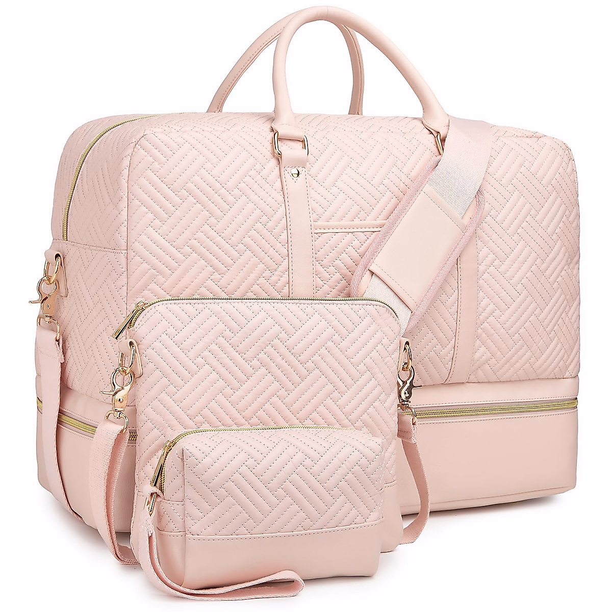 Weekender Bag for Women,Travel Duffel Bag with Shoe Compartment Carry on Overnight Bag with Toiletry Bag Gym Duffel Bag Hospital Bags for Labor and Delivery (3Pcs Set-Pink）