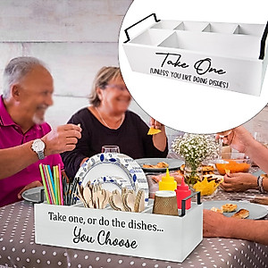 Kitchen Countertop Paper Plate Caddy Holder, Wood Utensil Caddy Holder Organizer for Plates and Cutlery, Silverware Caddy Picnic Caddy Condiment Caddy for Parties BBQ and Outdoor Kitchen Accessories