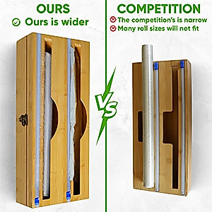 PLANET KITCHEN Extra Wide Foil and Plastic Wrap Organizer and Dispenser with Cutter - Ideal for Aluminum Tin Foil, Parchment Roll, Wax Paper, Saran Wrap, Cling Film - 16.5” x 6” - 2 Tier