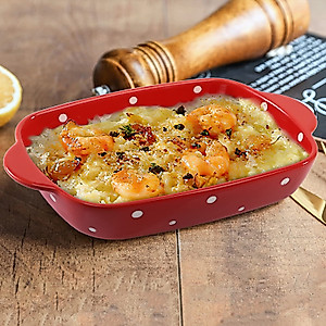 AVLA 4 Pack Porcelain Baking Dish, 7 Inch Ceramic Rectangular Small Baking Pan Baking Ramekin with Double Handles, 18 OZ Individual Baking Pans for Lasagna, Casserole Dish, Polka Dot