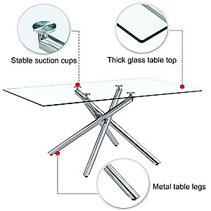 Ebullient 63" Glass Dining Table Set for 6 Modern Tempered Glass Top Dining Room Table with 6 Pcs White Faux Leather Dining Chairs，Kitchen & Dining Room Sets (Silver Base, White)