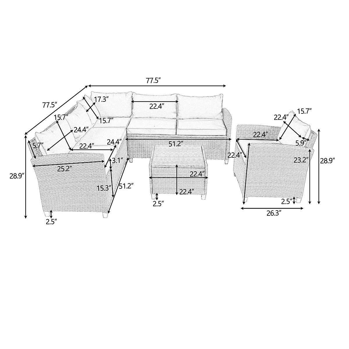 Merax 5 Piece Patio Furniture Set Outdoor Conversation PE Wicker Rattan Sectional Sofa, Coffee Table and Single Chair, Beige