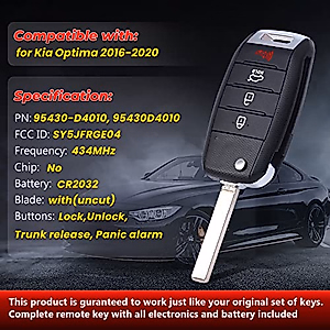 Aichiyu Flip Remote Key Fob for Kia Optima 2016 2017 2018 2019 2020 FCC ID: SY5JFRGE04 P/N: 95430-D4010 4 Buttons 434Mhz Keyless Entry Car Control Transmitter