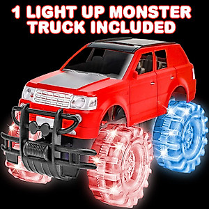 ArtCreativity Light Up Red Monster Truck Toy, 1 Piece, 8 Inch Toy Monster Truck with Flashing LED Tires and Batteries, Push n Go Car Toys for Kids, Fun Gift for Boys & Girls Ages 3 and Up