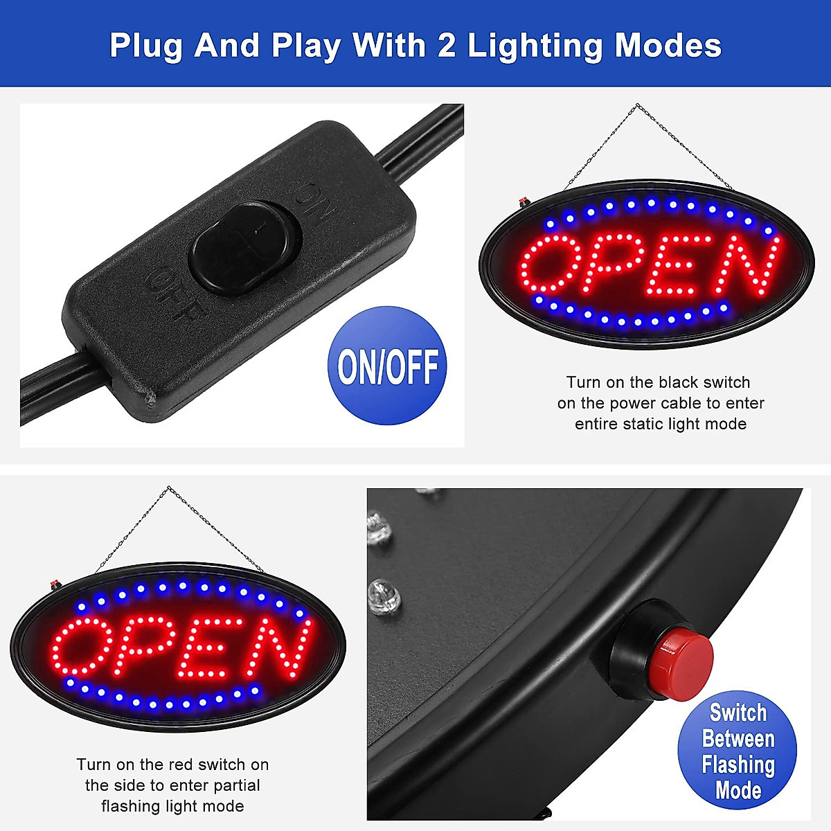 Open LED Sign, Ultra Bright LED Business Open Sign, Advertisement Board High Visibility Electric Display Sign,18.9x8.3inch Two Modes Flashing&Steady Light for Business,Walls,Window,Shop,Bar,Hotel