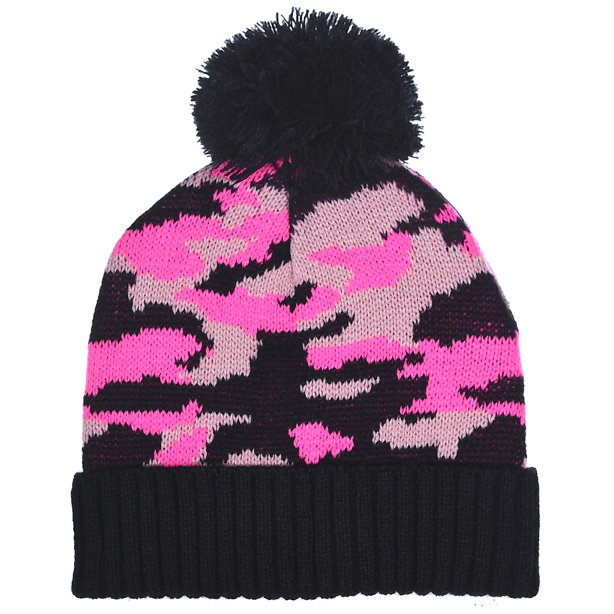 Polar Wear Girl's Digi-Camouflage Knit Hat & Gloves Set with Pom Pom Cap for Winter (Pink & Black Digi-Camouflage)