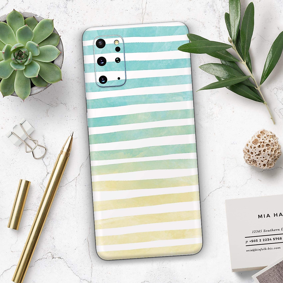 DesignSkinz Green Watercolor Ombre Stripes Protective Vinyl Decal Wrap Skin Cover Compatible with The Samsung Galaxy S20 (Screen Trim & Back Glass Skin)