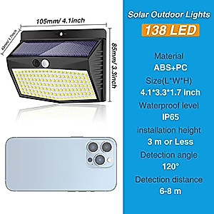 Solar Outdoor Lights, [138 LED/2 Packs] Solar Motion Sensor Security Lights with 3 Lighting Modes Wireless Solar Wall Lights Waterproof Solar Powered Lights for Garden Fence Yard Deck Garage