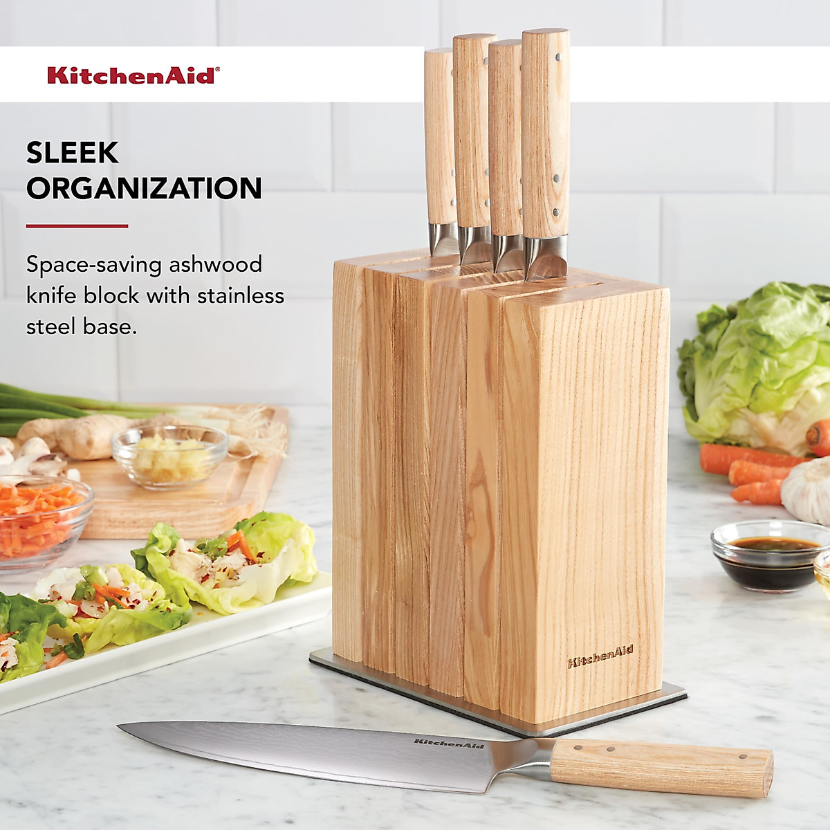 KitchenAid 6-Piece Ashwood Knife Block Set | Premium Damascus Steel Blades | Pakkawood Handles | Space-Saving Design | Includes Chef, Santoku, Slicing, Utility & Paring Knives | Kitchen Knife Set