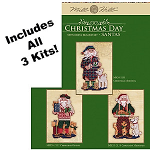 Mill Hill Christmas Day Santa Set (2021)! Set of 3 Beaded Cross Stitch Kits Including Christmas Morning, Giving and Memories Santas, Plus Decorative 'Needleworker' Sticker