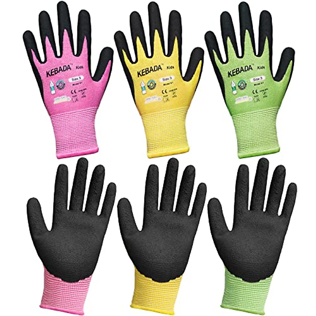 Kebada K Kids Gardening Gloves Bulk Pack,Stretchy Toddler Garden Gloves,Grip Kids Work Gloves for 3-9 Years Old,Green Yellow Pink