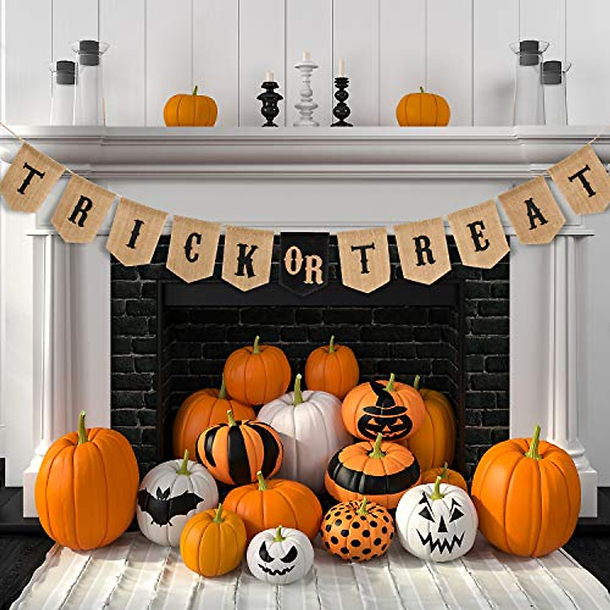 Whaline Halloween Trick or Treat Burlap Banner, Hanging Halloween Banner Home Decor Bunting Flag Fireplace Garland Halloween Party Decorations Supplies