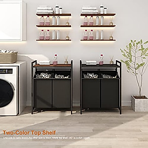 LAATOOREE Double Laundry Hamper with Top Shelf, Two-Color Tall Laundry Basket with 2 Removable Laundry Sorter Bags, Clothes Hamper for Laundry Room, Bedroom - Black Walnut and Black