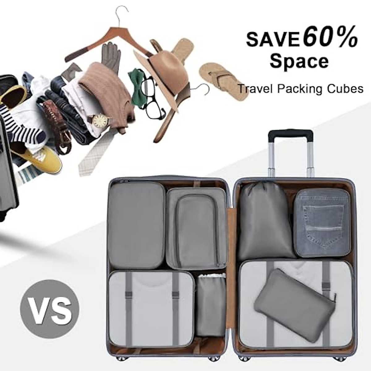 DIMJ Packing Cubes for Suitcase, Mesh Design Suitcase Packing Cubes Set Durable Travel Luggage Organizer, Lightweight Luggage Bags Organizers with Makeup Bag, Shoes Bag.（Grey）