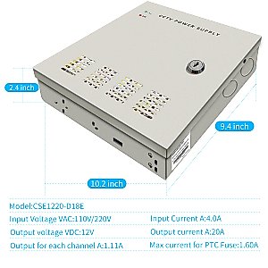 9 Channel 12 Volt DC Output 5A CCTV Distributed Power Supply Box for Security Camera with AC Plug and Lock for Security Cameras, DVRs, CCTV Power Supply (5A 9-Channel)