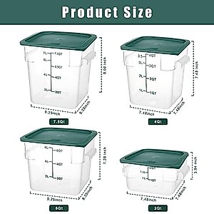 Kigley 4 Pcs Food Storage Containers with Lids Set 2 Qt 4 Qt 6 Qt 7.5 Qt Clear Square Commercial Food Storage Container with Scale Handle for Home Restaurant Kitchen Food Prep(Green)
