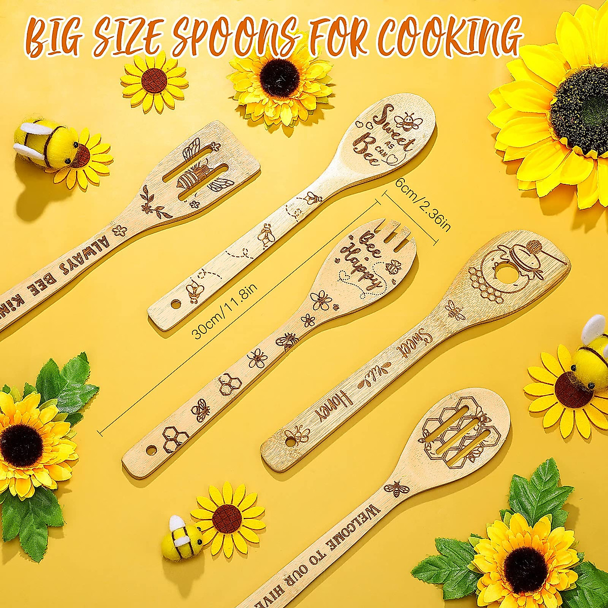 Minatee 7 Pcs Bee Kitchen Decor Set, Including 2 Pcs Bee Kitchen Towels and 5 Pcs Cute Bee Wooden Spoons Rustic Bamboo Utensils Gifts for Housewarming Bridal Shower Anniversary