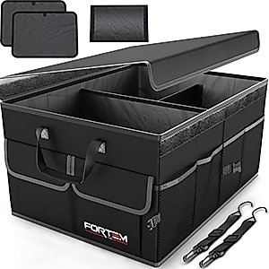 FORTEM Car Trunk Organizer, Car Storage Organizer, Collapsible Multi Compartment Car Organizer, SUV Trunk Organizer, Non Slip Bottom, Adjustable Securing Straps, Foldable Cover (Black, Standard Size)
