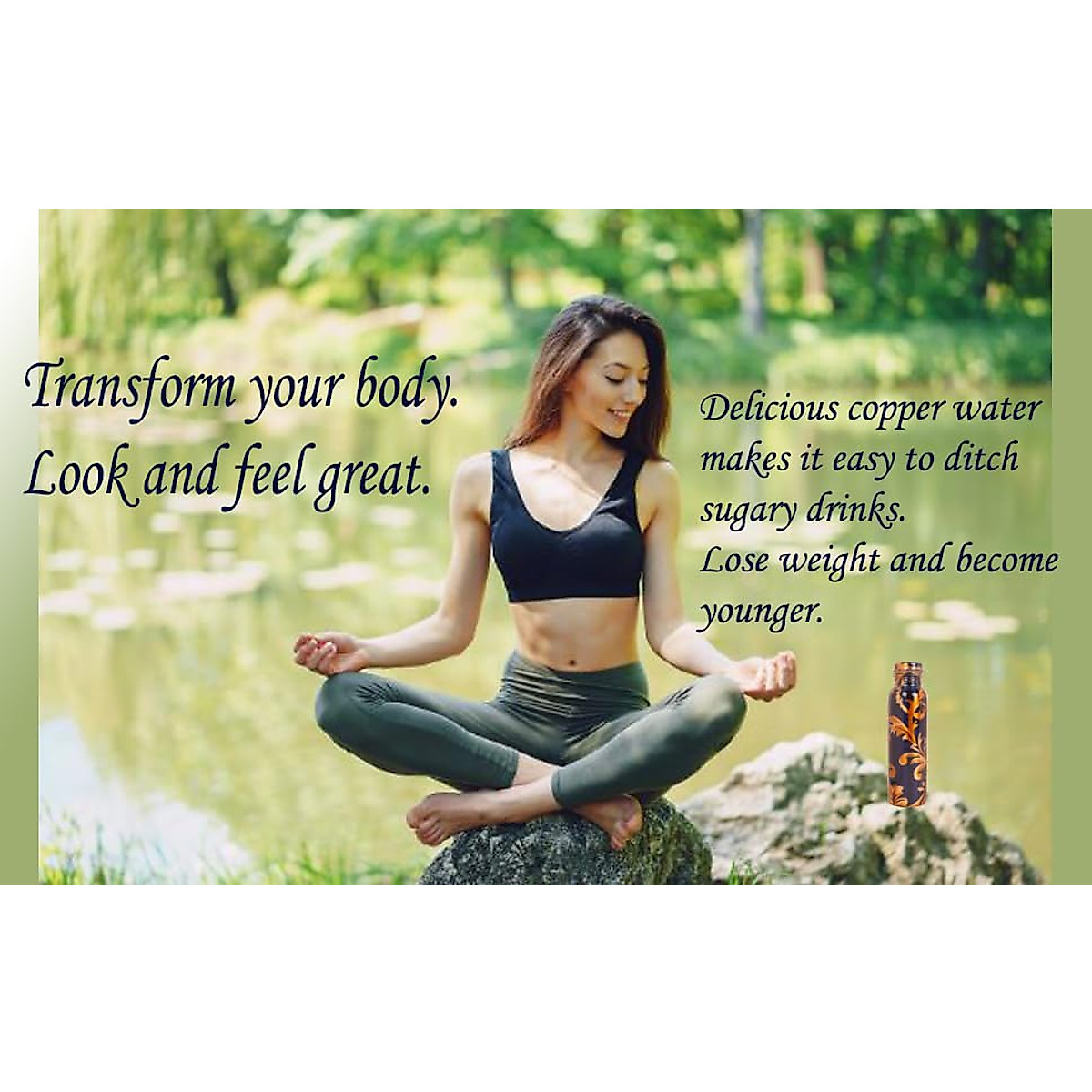 INDTRESOR Pure Copper Water Bottle - Handcrafted - Ayurveda health benefits - Large 35 oz - Leak proof - Easy to carry for Sports, Fitness, Yoga, School - Royal Blue Base Floral Golden Vines Enamel