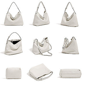 JINMANXUE Women Boston Bag Woven Vegan Leather Handbags Female Satchel Messenger Bag Fashion Shoulder Bag Casual Hobo (Off white)