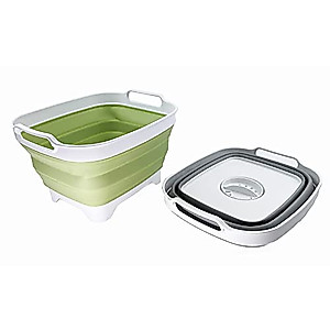 SAMMART 7.5L (2 gallons) Collapsible Plastic Dishpan with Draining Plug - Portable Washing Basin - Foldable Washing Tub - Pop Up Saving (Grey + Olive Green (Set of 2))