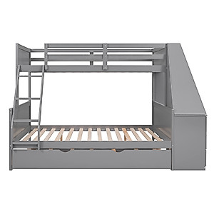 Twin Over Full Bunk Beds with Trundle and Desk Wood Bunk Bed Frame with Three Storage Drawers and One Shelf for Kids Boys Girls Teens, Gray