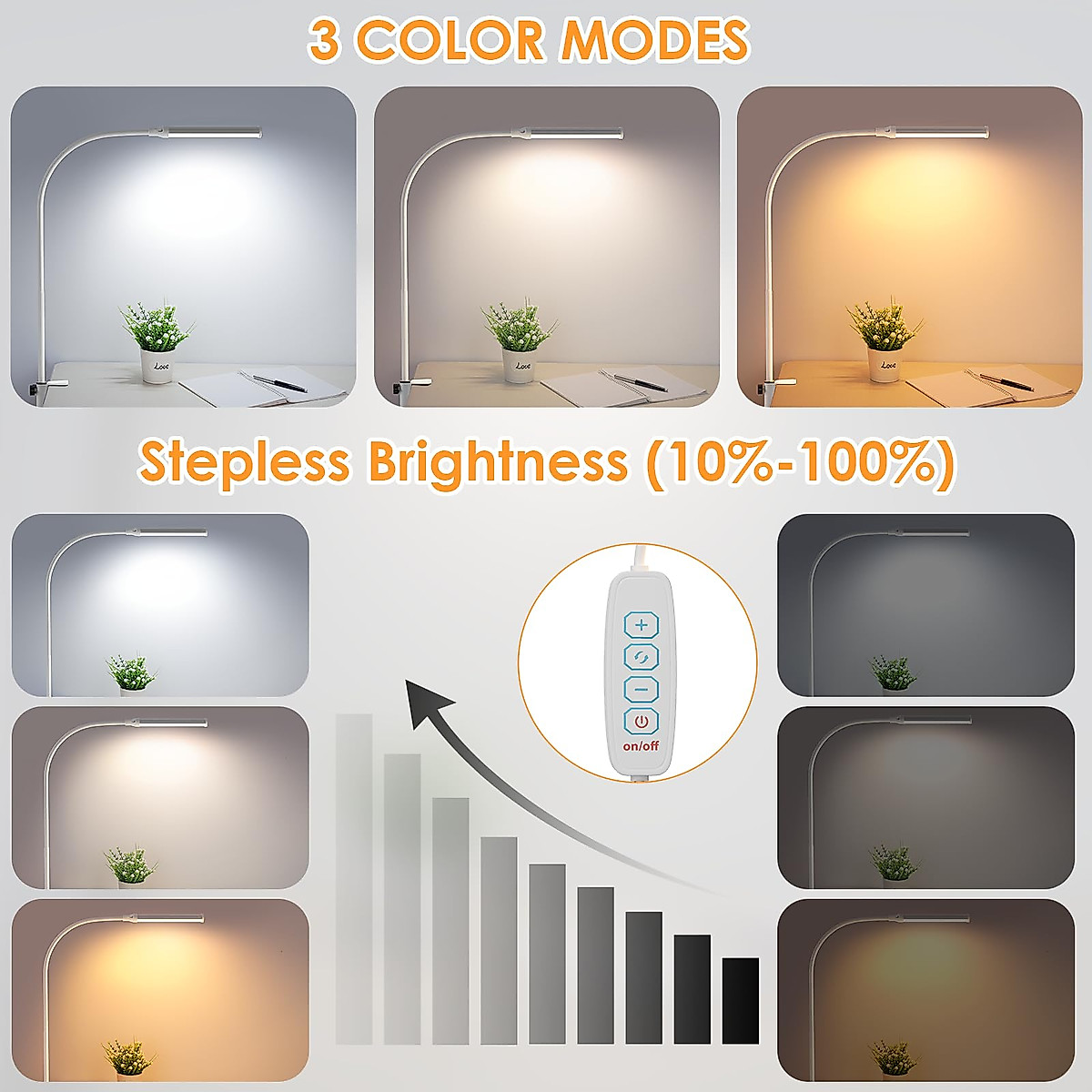 ShineTech LED Desk Lamp for Home Office, Eye-Caring Desk Light with Clamp, 3 Colors Stepless Brightness Adjustable Flexible Gooseneck, USB Adapter