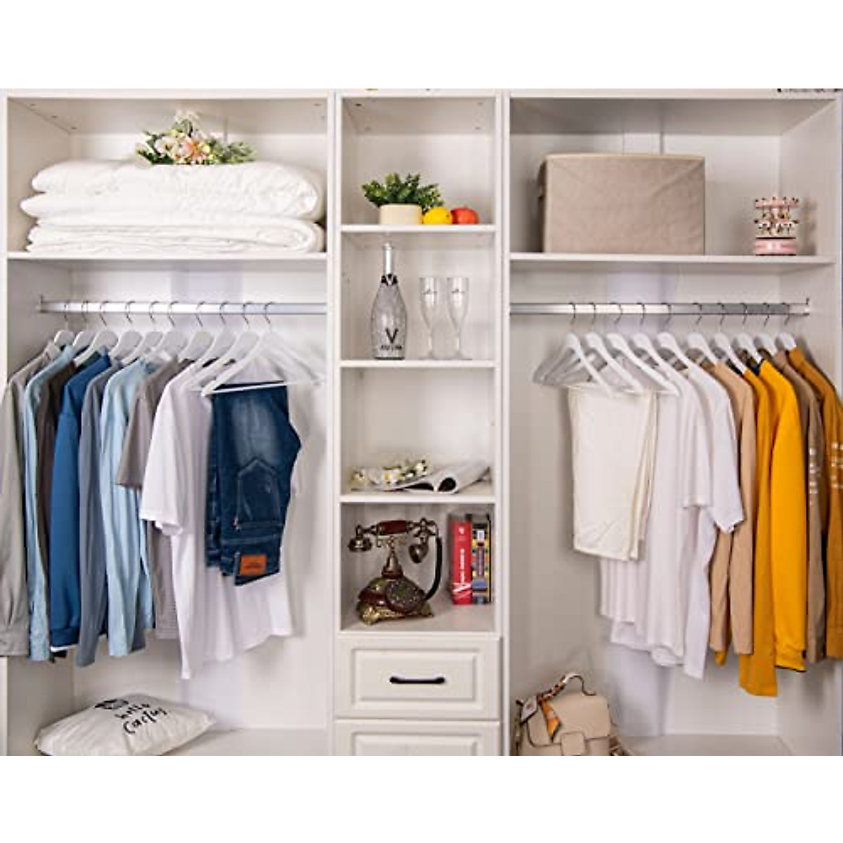 20 Luxury Slim Space Saving Wooden Clothes Hanger with Squared Pant Bar Best for Shirts, Blouses, Pant, Dress, Hangers White (White - Shirt with Pant Bar, 20)