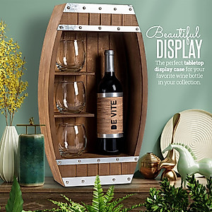 Wooden Wine Barrel Display - Pinewood Display Case with Sliding Cover Ideal for Wine Whiskey Scotch & More - 3 Built-In Shelves for Stemless Wine or Rocks Glasses, A Gift for Wedding or Any Occasion