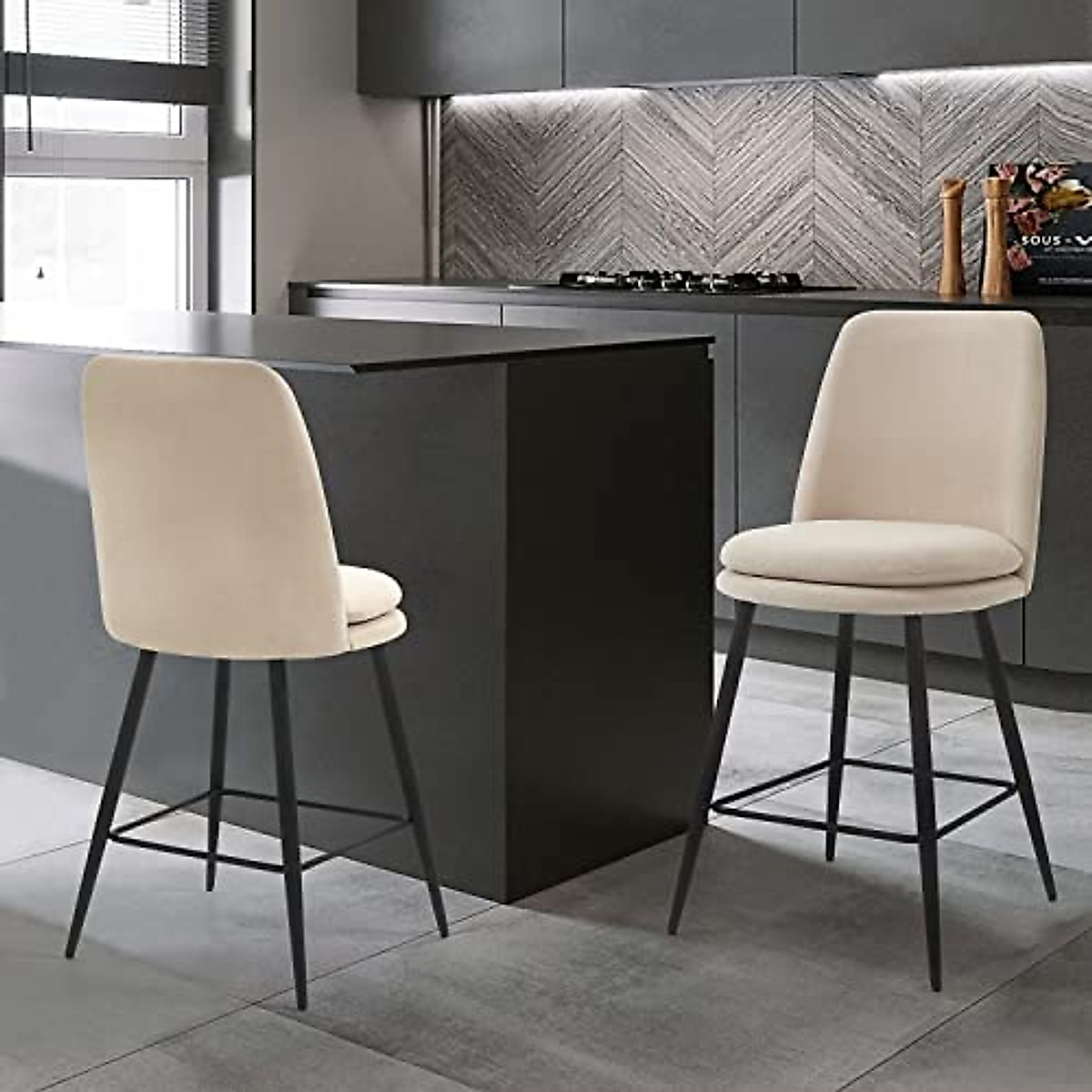 DRAGON GATE 26'' Counter Height Bar Stools Set of 2, Modern Upholstered Counter Stools with Seat Cushion & Metal Legs for Dining Room Kitchen Counter Island, Home Bar (Beige)