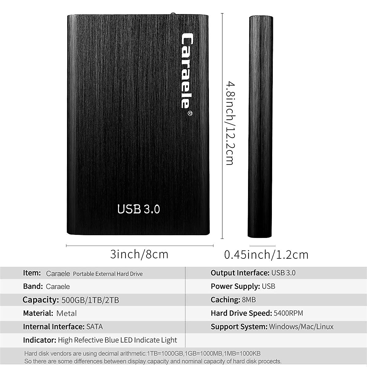 PANGQIE Portable SATA External Hard Drive HDD 2TB 1TB 500GB USB3.0 Ulra-Fast File Transfers (2TB, Black)
