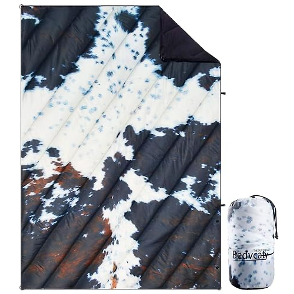 Bedvcaty Camping Blanket, Puffy Waterproof Travel Blanket, Warm Cozy Picnic Blanket, for Outdoors, Travel, and Mountain.(Cow, 78" x 56")