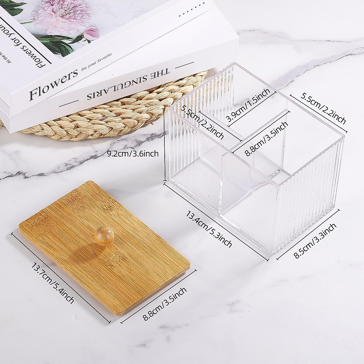 Ohlove Qtip Holder with Bamboo Lids, 3 Compartments Cotton Ball/Swabs Dispenser, Apothecary Jar Clear Plastic Bathroom Container for Storage and Organizer