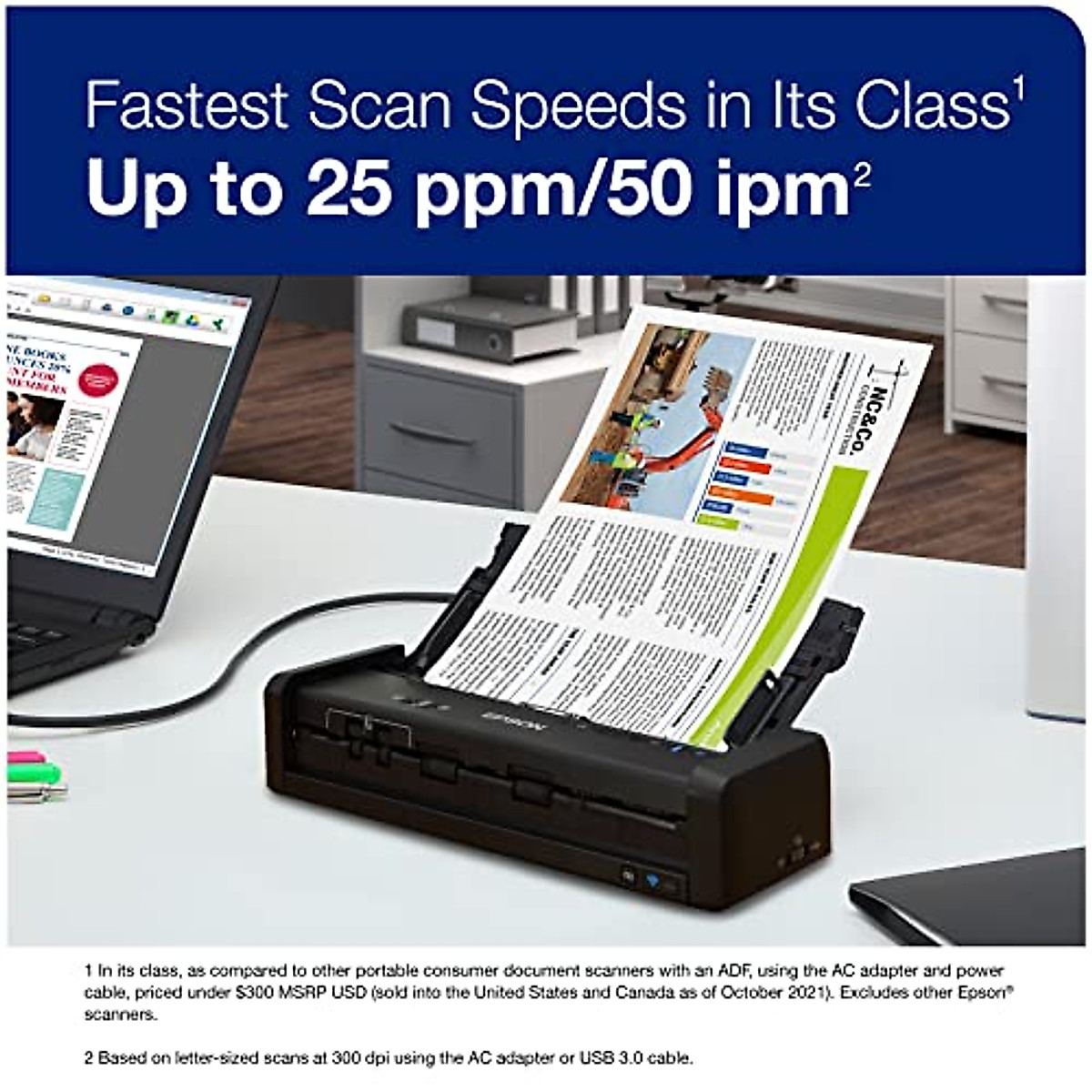 Epson WorkForce ES-300W Wireless Color Portable Document Scanner with ...