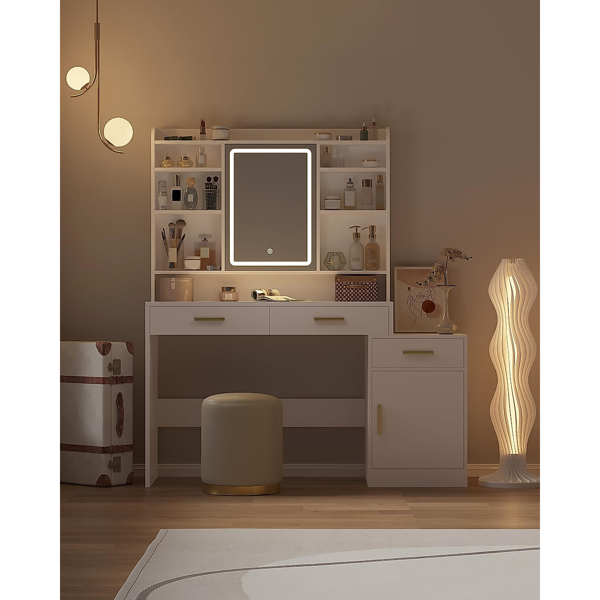 HILINSIE Large Vanity Desk with Light Mirror, Makeup Vanity Dressing Table with 3 Drawers, Adjustable Shelves, Storage Cabinet, Bedroom Vanity Table for Women‘s Day (White)