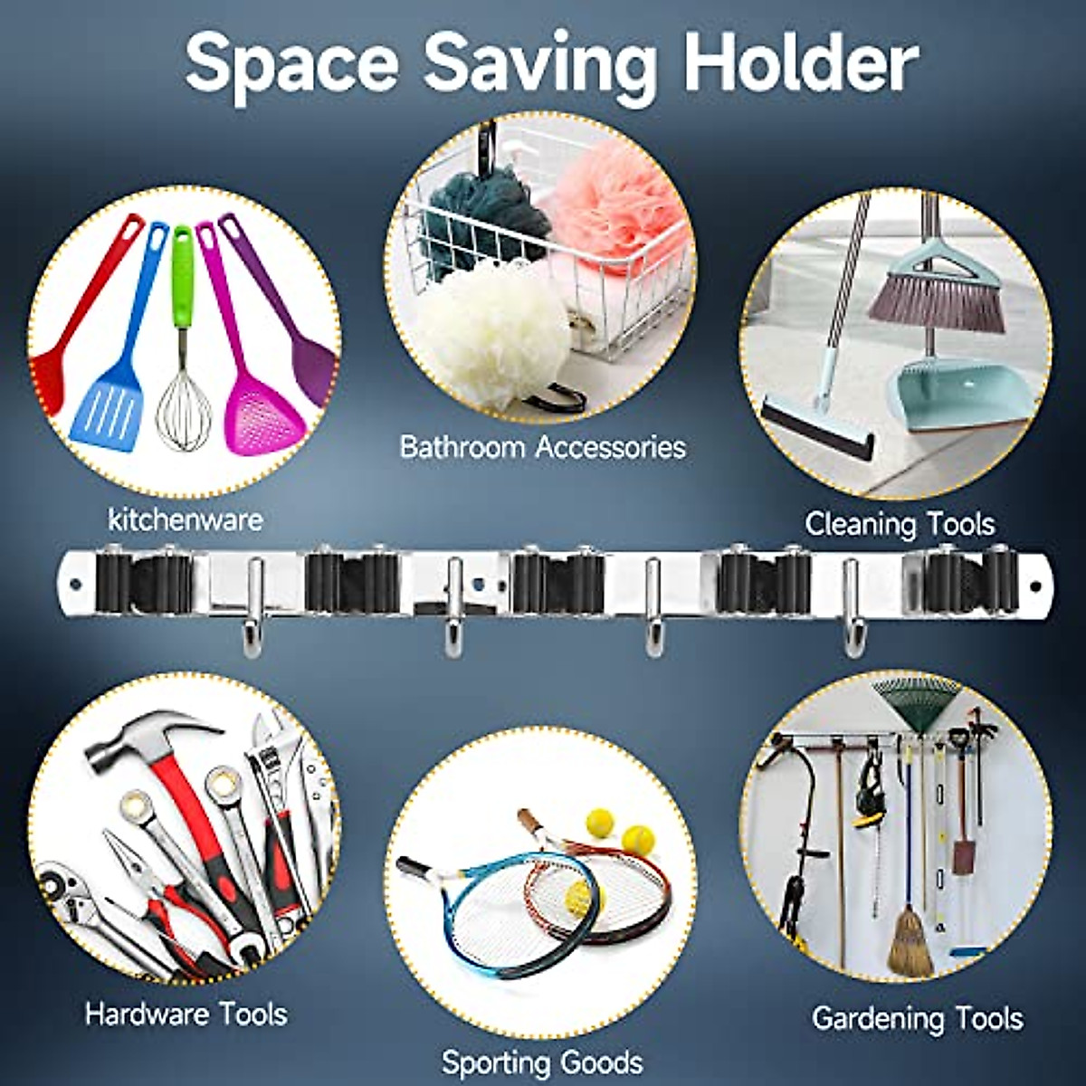 Kozci Mop and Broom Holder Wall Mount, Non-Slip Broom Organizer Wall Mount Self Adhesive Broom Hanger with 5 Racks 4 Hooks Stainless Steel Tools Rack Broom Storage Organizer for Kitchen Garden Garage