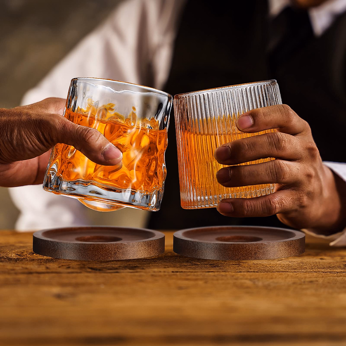 12 Pieces Whiskey Glasses Set Rotatable Old Fashioned Glasses with Creative Walnut Coasters, Whiskey Gifts for Men Husband Father's Day, Bourbon Glass Cups for Drinking Cocktails, Cognac