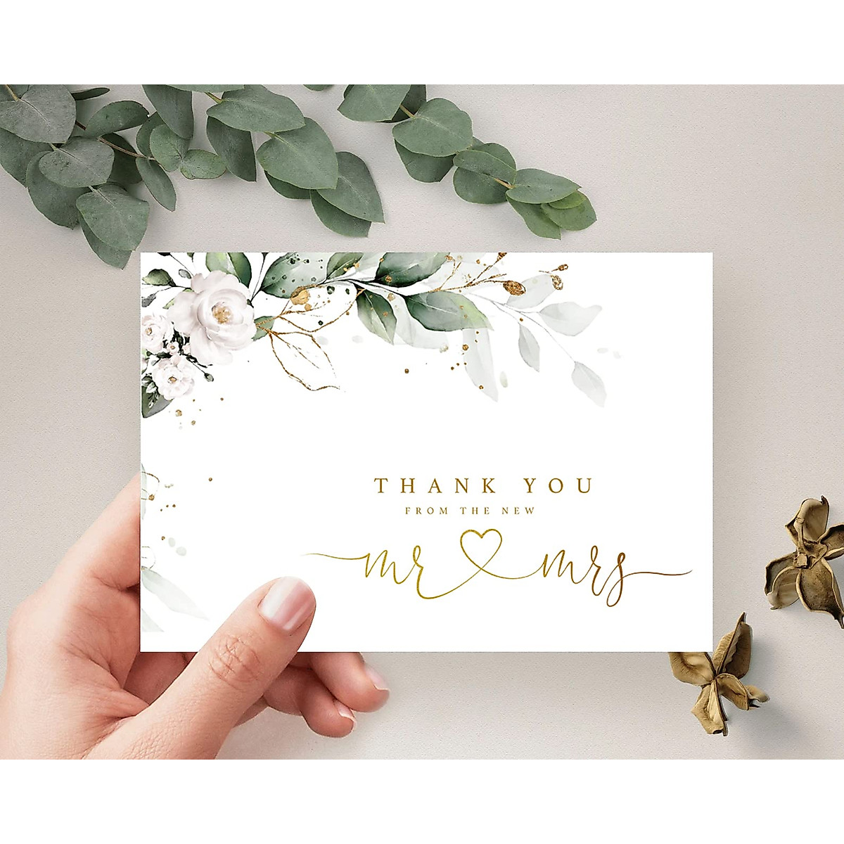AMNADOF 100 Wedding Thank You Cards with Envelopes & Stickers | Bulk Mr and Mrs Thank You Notes Blank on the Inside | Greenery & Gold Foil Thank You From the New Mr & Mrs.