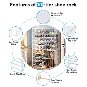 Tribesigns Shoe Rack, 10 Tiers Shoe Stand - Stores 36-44 Pairs, Closet Organizer with Boot Rack and 2 Hooks