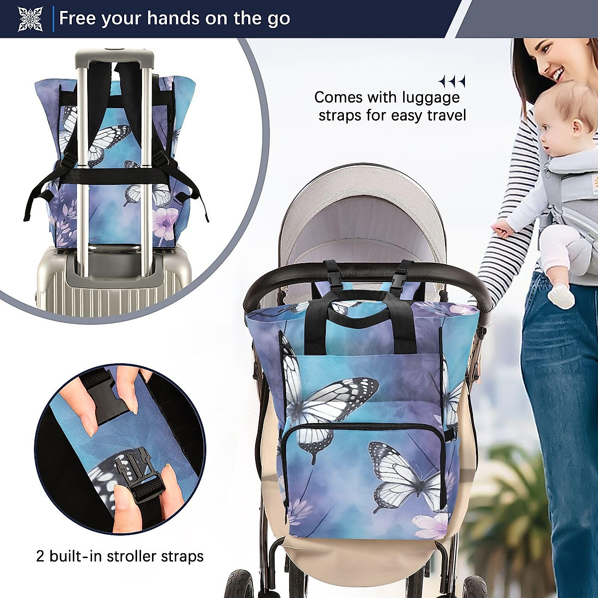 xigua Butterflies Painted Diaper Bag Backpack Multi Function Baby Changing Bags Waterproof Large Capacity Travel Back Pack for Mom Dad