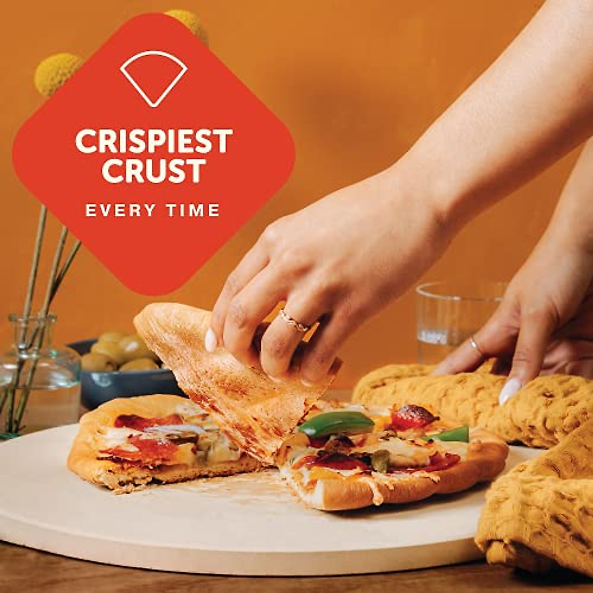 Cast Elegance Durable Thermal Shock Resistant Thermarite Pizza and Baking Stone for Oven and Grill, Includes Recipe E-Book & Cleaning Scraper, Large, 16 inch Round, 5/8th inch Thick