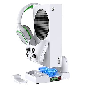 Vertical Cooling Stand with Suction Cooling Fan& Dual Controller Charger Station for Xbox Series S, Cooling Station with 3 Levels Adjustable Fan Speed Cooling System, Headset Stand and Extra USB Ports