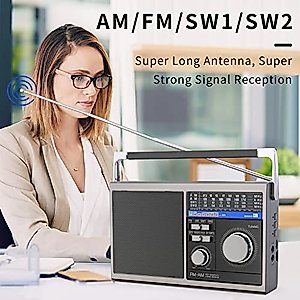 Portable AM FM Radio, Shortwave Transistor Radio with Best Reception, Battery Operated or AC Power Retro Radio with Big Bluetooth Speaker, Earphone Jack USB TF Card AUX Input, for Senior(Gray)