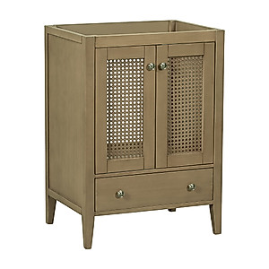 PULLAFUN 24" Bathroom Vanity Without Sink, Base Only, Rattan Cabinet with Doors and Drawer, Solid Frame and MDF Board, Natural