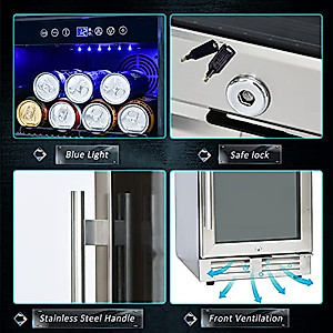 15" Beverage Refrigerator and Cooler, 120 Cans, Adjustable Shelves, Drink Fridge with Glass Door and Lock, LED Lighting, ETL, Touch Controls, Under Counter Built-in or Freestanding Wine Fridge