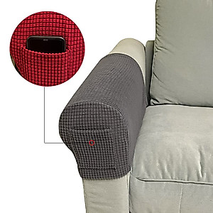 Set of 2 Sofa Armrest Cover Soft Stretch Arm Cover for Recliners Sofas Chairs Washable Arm Covers Couch Furniture Armrest Protector Covers with Pocket (Grey)