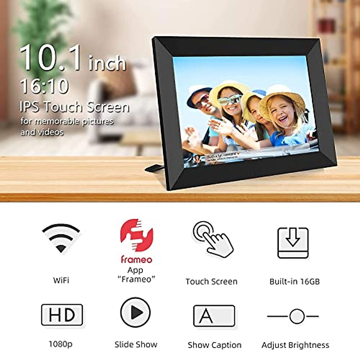 FRAMEO Digital Photo Frame WiFi 10.1 Inch HD IPS LCD Touch Screen, 16GB Memory, Auto-Rotate, Wall-Mountable, Easy Setup to Share Photos & Videos via Free App from Anywhere