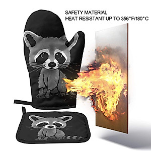 VGFJHNDF Cartoon Cute Raccoon Oven Mitts and Pot Holders Set,Heat Non-Slip Resistant Waterproof Gloves for Kitchen Cooking Baking,BBQ,Grilling